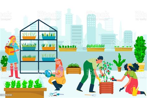 식물 개념 벡터 삽화 지붕에서 정원 가꾸는 평평한 남자 여자 캐릭터 도시 집에서 녹색 자연을 키우는 도시 정원이 있는 도시 정원 개념에 대한 스톡 벡터 아트 및 기타 이미지