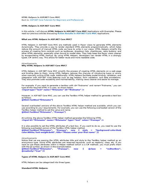 Html Helpers In Aspcoremvc Pdf Html Modelviewcontroller