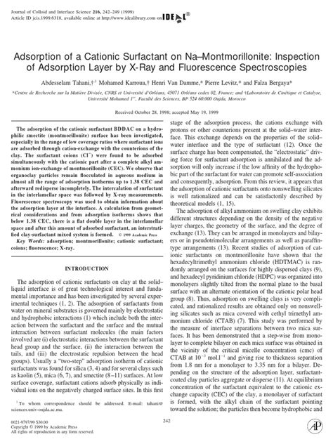 Adsorption Of A Cationic Surfactant On Na Montmorillonite Inspection Of Adsorption Layer By X