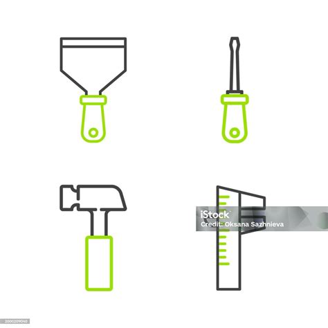 라인 캘리퍼 또는 캘리퍼스 및 스케일 해머 스크루 드라이버 및 퍼티 나이프 아이콘을 설정합니다 벡터 갈고리 발톱에 대한 스톡 벡터 아트 및 기타 이미지 Istock