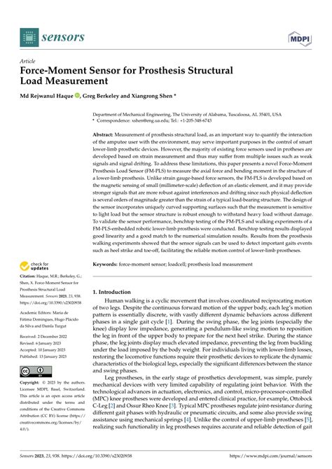 Pdf Force Moment Sensor For Prosthesis Structural Load Measurement