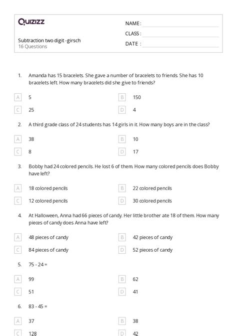 50 Two Digit Subtraction Worksheets For Kindergarten On Quizizz Free