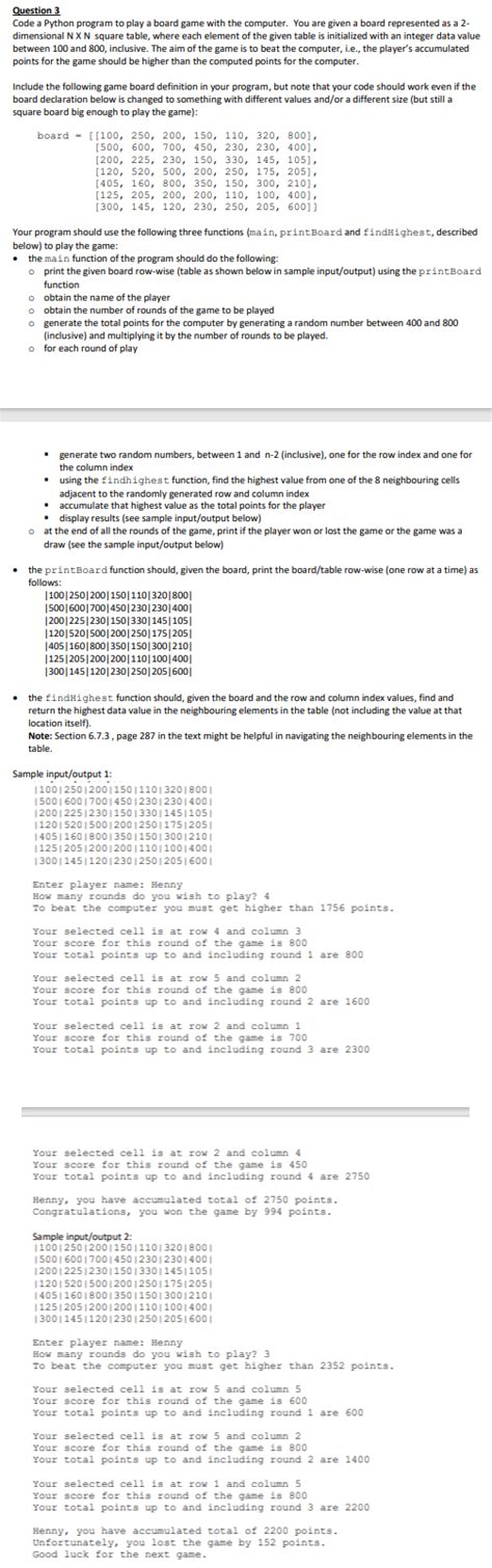 Question 3 Code A Python Program To Play A Board Game