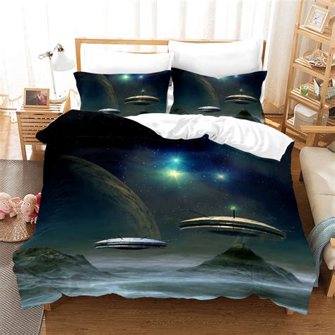 Dreams Bedding Set Space Design With Stars And Futuristic Spaceships Soft