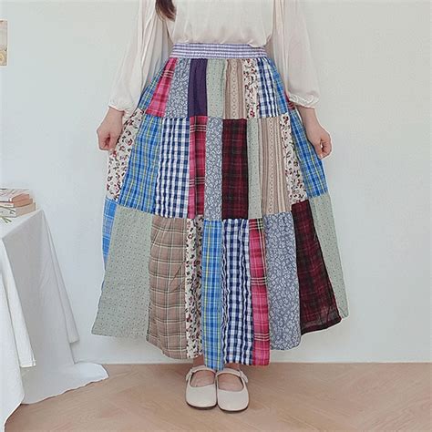 려원 롱 스커트 패치 캉캉 밴딩 플라워 체크 빈티지 빅사이즈 에스닉 히피 모리걸 에이블리
