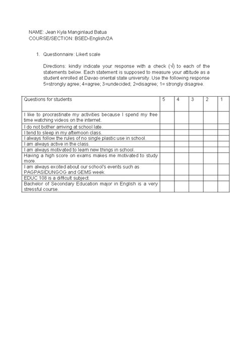 Assignment Educ 111 Course Section Bsed English 2a 1 Questionnaire Likert Scale Directions