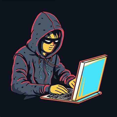 Premium Vector A Hacker In A Hoodie Is Working On A Laptop