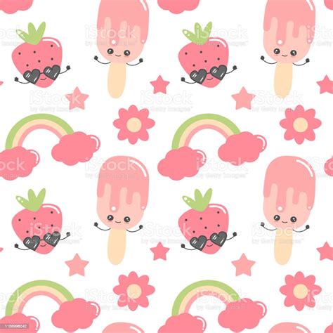 아이스크림 딸기 꽃 무지개와 별귀여운 다채로운 만화 손으로 그린 원활한 벡터 패턴 배경 일러스트 귀여운에 대한 스톡 벡터 아트 및 기타 이미지 Istock