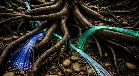 Fiber Optic Cables Intertwined With Tree Roots Digital Nature Concept