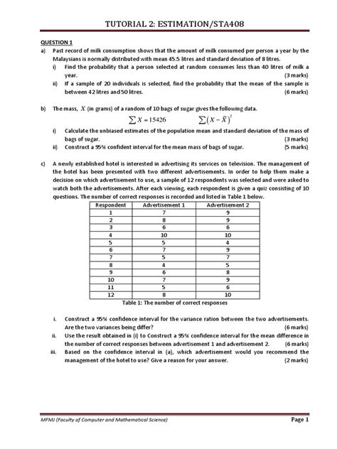 Tutorial 2 Question Pdf Confidence Interval Standard Deviation