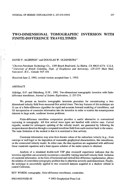PDF Two Dimensional Tomographic Inversion With Finite Difference Traveltimes