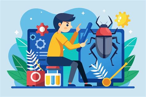 A Flat Illustration Depicting A Person Working On A Computer Debugging A Software Bug Bug Fixing