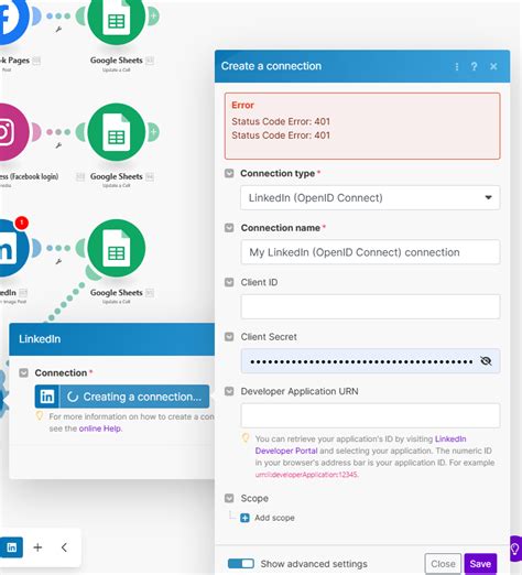 Cant Connect To My Linkedin Account Error 401 Getting Started Make Community