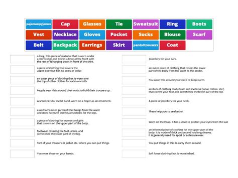 Matching Word Defintion Pre Icfes Part 2 Clothing And Accessories