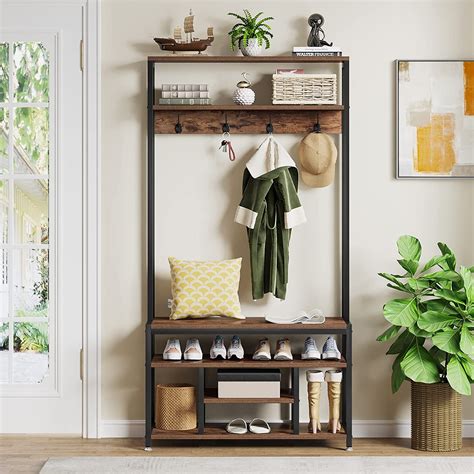 Paproos Hall Tree 4 In 1 Entryway Hall Tree Coat Rack With Rattan Door