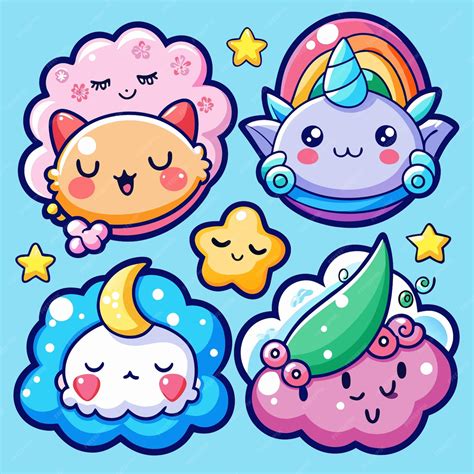 Cute Cloud Characters With Stars And Rainbow Premium Ai Generated Vector