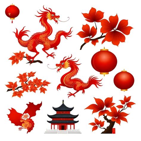 Una Colección De Símbolos Chinos Que Incluyen Un Dragón Chino Y Una