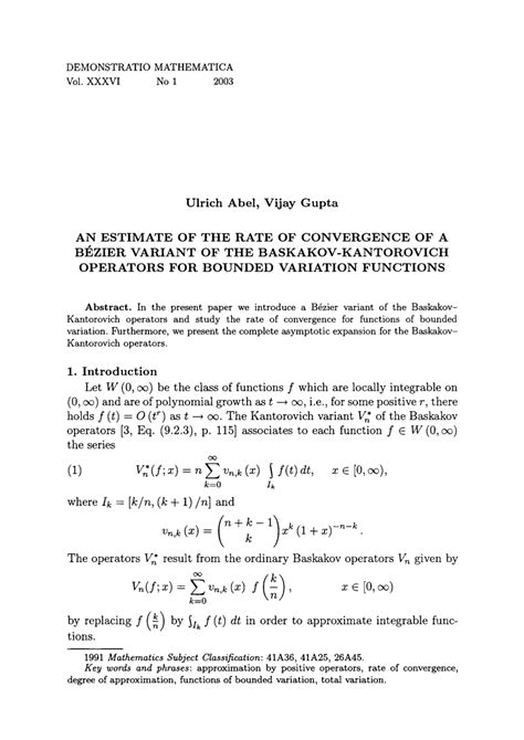 Pdf An Estimate Of The Rate Of Convergence Of A Bezier Variant Of The Baskakov Kantorovich