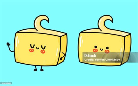 귀여운 재미있는 버터 벡터 손으로 그린 만화 카와이 캐릭터 일러스트 레이 션 아이콘 파란색 배경에 격리되어 있습니다 버터 캐릭터 컨셉 0명에 대한 스톡 벡터 아트 및 기타