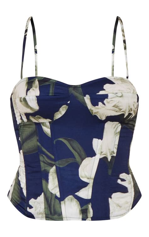 Navy Floral Print Structured Corset Top Co Ords Prettylittlething
