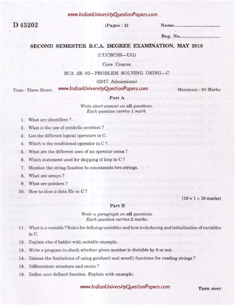 university of calicut bca 2nd sem problem solving using c may 2018
