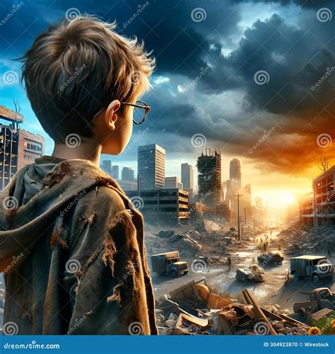 Ai Illustration Of A Young Boy Gazing Over A Devastated Cityscape