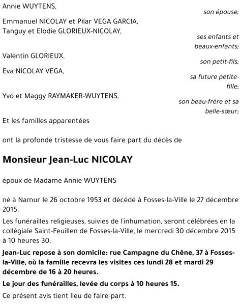 Avis De Décès De Jean Luc Nicolay Décédé Le 27122015 à Fosses La Ville Annonce Condoléances