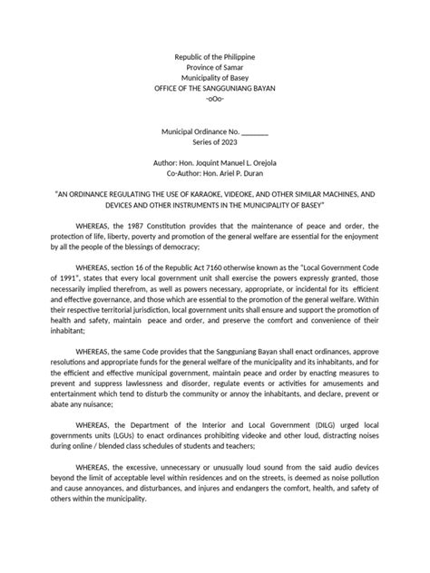 Basey Karaoke And Videoke Regulation Ordinance Pdf Noise Local