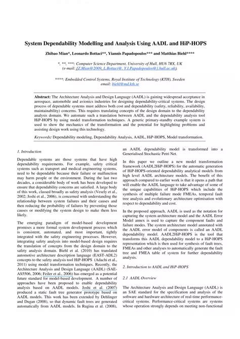 Pdf System Dependability Modelling And Analysis Using Aadl And Hip