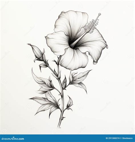 Delicate Hibiscus Flower Drawing In Ink On White Exquisite Realism