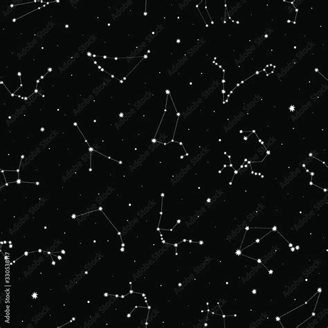 Seamless Vector Pattern With White Zodiacal Constellations On Black Background Zodiac Signs