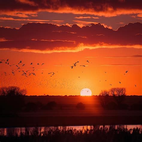 Premium Photo A Flock Of Birds Flying In Front Of A Setting Sun