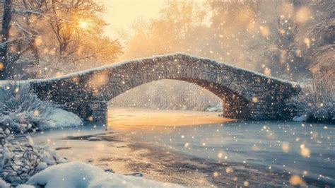 Stone Arch Bridge Over Frozen River In Winter Wonderland Stock