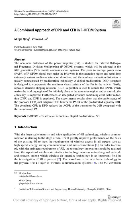 A Combined Approach Of Dpd And Cfr In F Ofdm System
