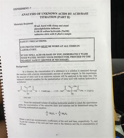 Solved EXPERIMENT ANALYSIS OF UNKNOWN ACIDS BY ACID BASE Chegg
