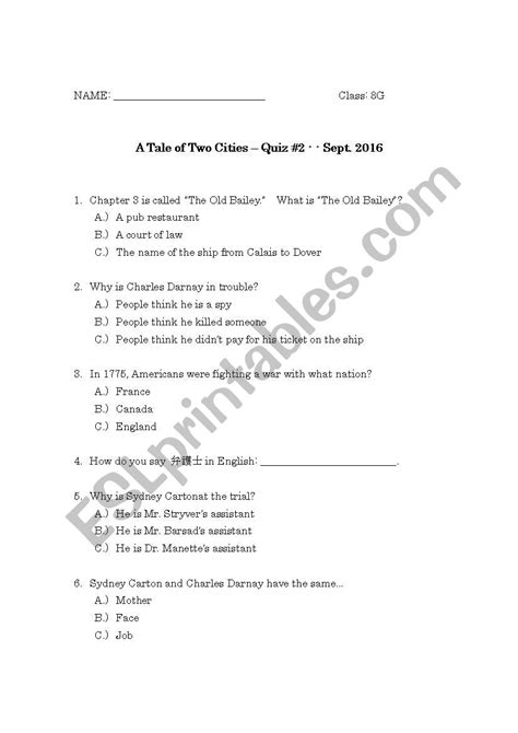 A Tale Of Two Cities Graded Reader Quiz 2 Esl Worksheet By Eisujason