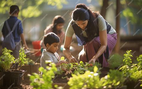 Profesora De Escuela Mujer Con Niños En El Jardín Escolar Cuidar De Las