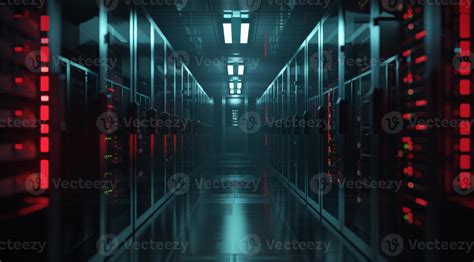 A Futuristic Data Center Corridor Is Vividly Showcasing Illuminated Server Racks And Advanced