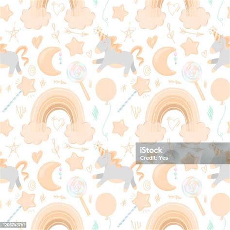 흰색 배경에 따뜻한 파스텔 색상의 손으로 그린 유니콘과 마법 요소와 원활한 패턴 0명에 대한 스톡 벡터 아트 및 기타 이미지 0명 공주 구름 Istock