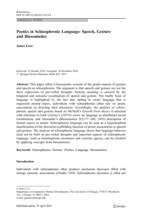 Pdf Poetics In Schizophrenic Language Speech Gesture And Biosemiotics