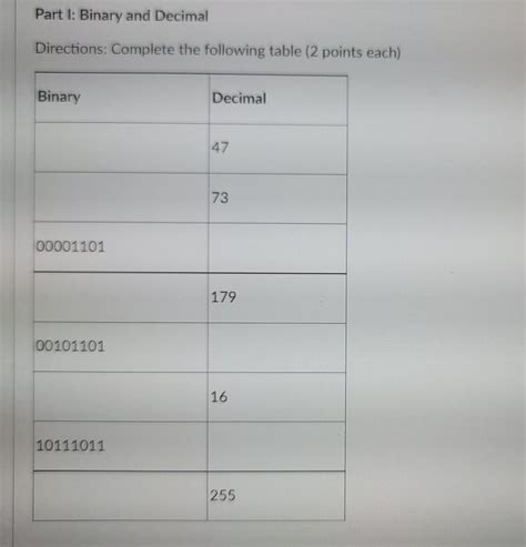 Solved Part 1 Binary And Decimal Directions Complete The