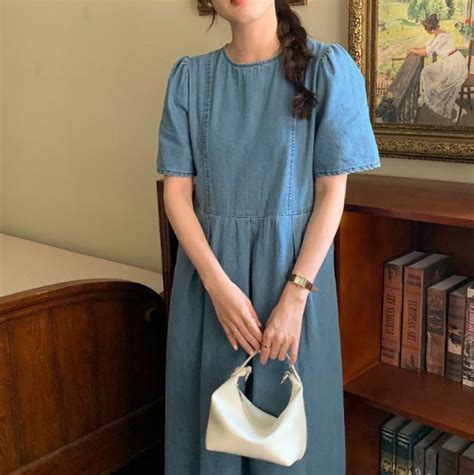 피치블라썸 백버튼 포인트 데님 롱 원피스