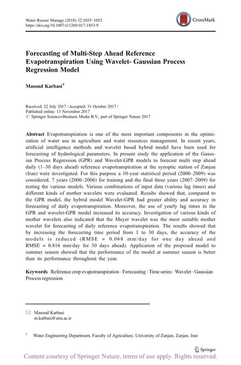 Forecasting Of Multi Step Ahead Reference Evapotranspiration Using Wavelet Gaussian Process