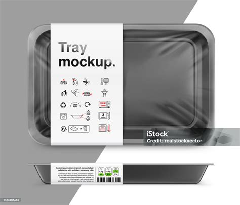 투명 필름과 아이콘이있는 수평 블랙 트레이 컨테이너 모형 포장에 대한 스톡 벡터 아트 및 기타 이미지 포장 쟁반 플라스틱 Istock