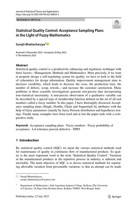 Pdf Statistical Quality Control Acceptance Sampling Plans In The Light Of Fuzzy Mathematics
