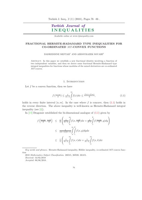 Pdf Fractional Hermite Hadamard Type Inequalities For Co Ordinated M T Convex Functions
