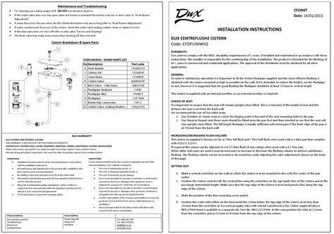 Dux Toilet Cistern Spare Parts
