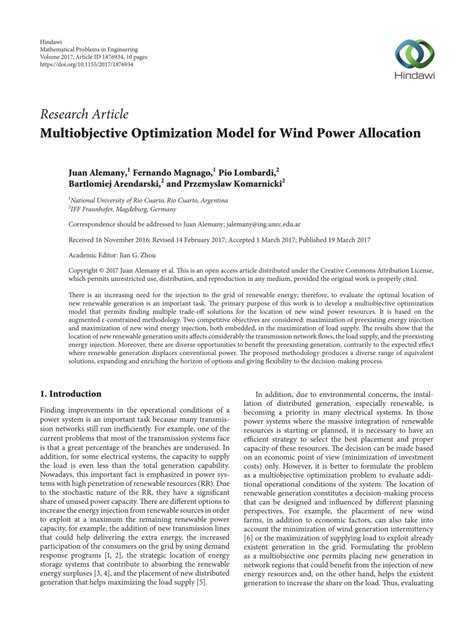 Pdf Multi Objective Optimization Model For Wind Power Allocation