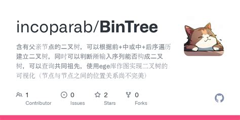 GitHub incoparab BinTree 含有父亲节点的二叉树可以根据前 中或中 后序遍历建立二叉树同时可以判断所输入序列能否构成二叉树可以查询共同祖先使用ege库作图