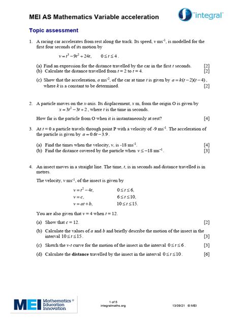 Variable Acceleration Integral Ocr Mei Pdf Acceleration Velocity